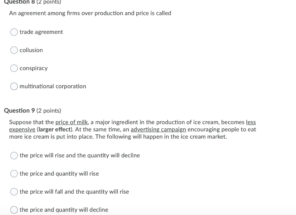 Solved Question 8 (2 points) An agreement among firms over | Chegg.com