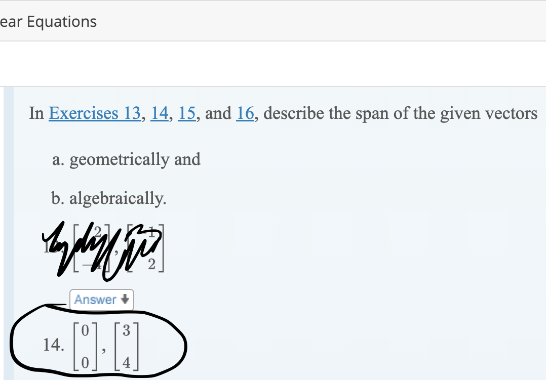 Solved In Exercises 13,14,15, and 16, describe the span of | Chegg.com