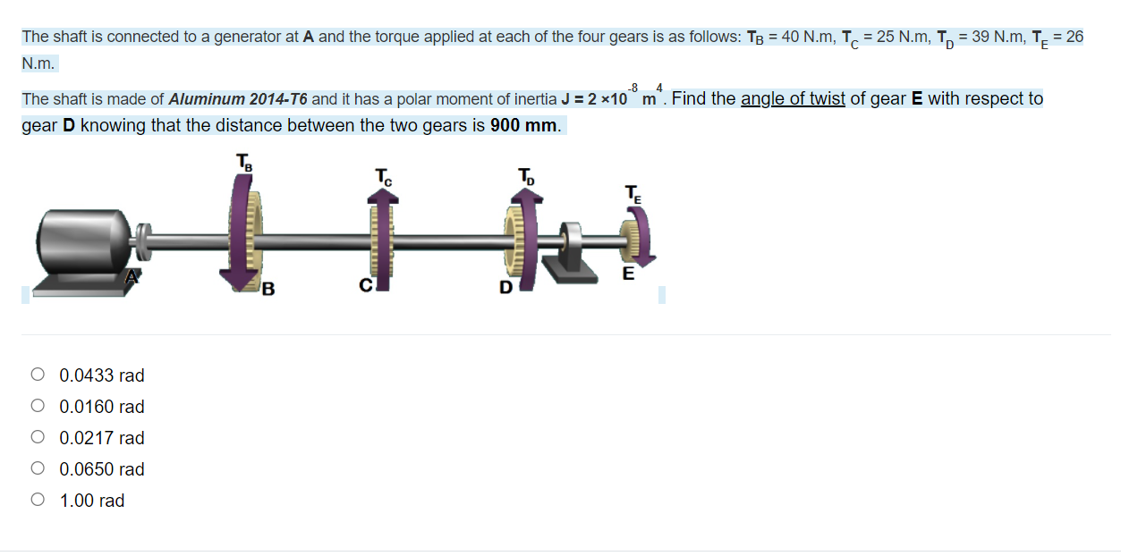 Solved The shaft is connected to a generator at A and the | Chegg.com