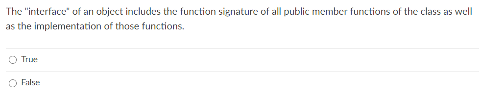 Solved The "interface" of an object includes the function | Chegg.com