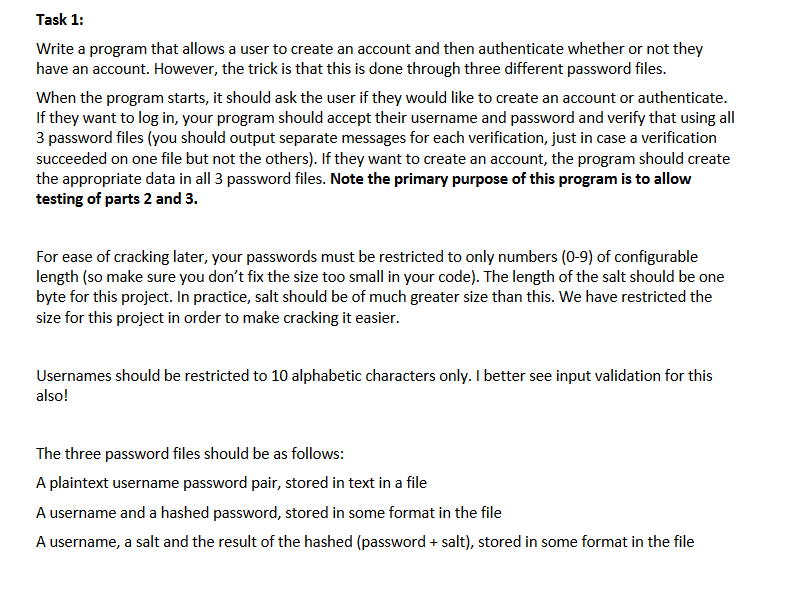 Solved Task 1: Write a program that allows a user to create | Chegg.com