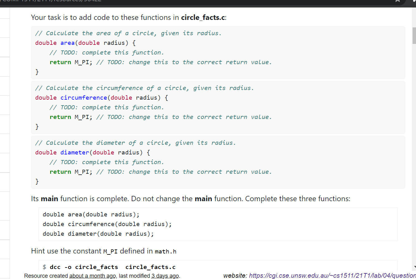 Solved Your task is to add code to these functions in circle | Chegg.com