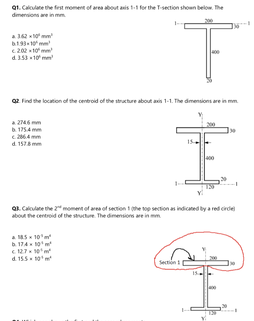 Solved Q1. Calculate the first moment of area about axis 1-1 | Chegg.com
