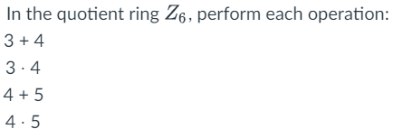 Solved In the quotient ring Z6, perform each operation: | Chegg.com