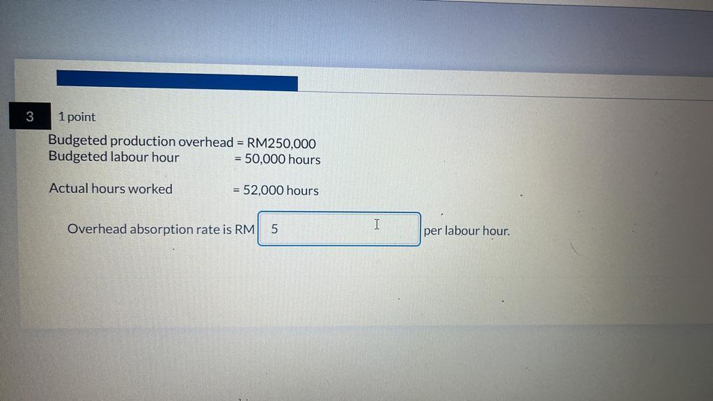 Solved 1 point Budgeted production overhead =RM250,000 | Chegg.com