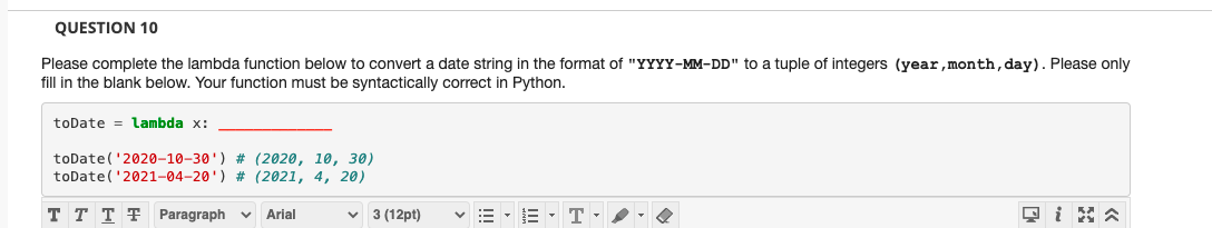 Solved QUESTION 10 Please complete the lambda function below | Chegg.com