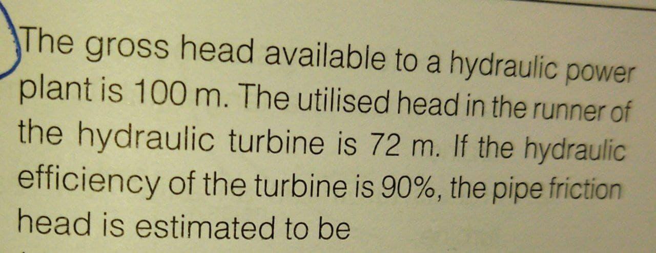 Solved The gross head available to a hydraulic power plant | Chegg.com