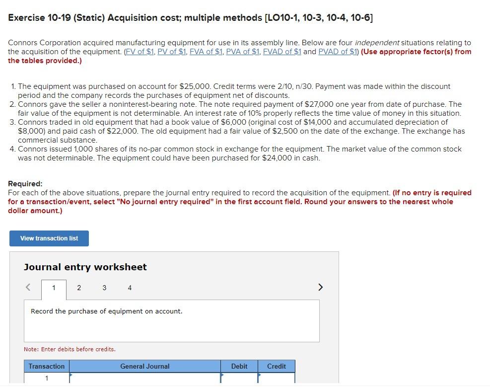 Solved Exercise 10-19 (Static) Acquisition cost; multiple | Chegg.com