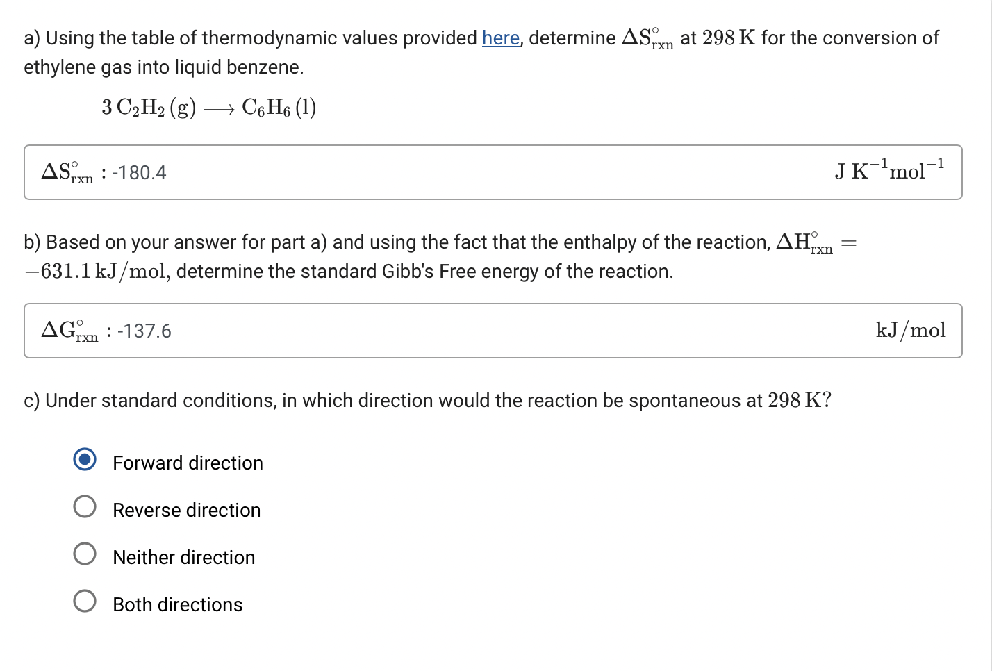 Solved a) Using the table of thermodynamic values provided | Chegg.com