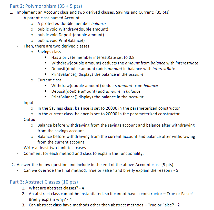 Solved 1 Part 2: Polymorphism (35 + 5 pts) 1. Implement an | Chegg.com