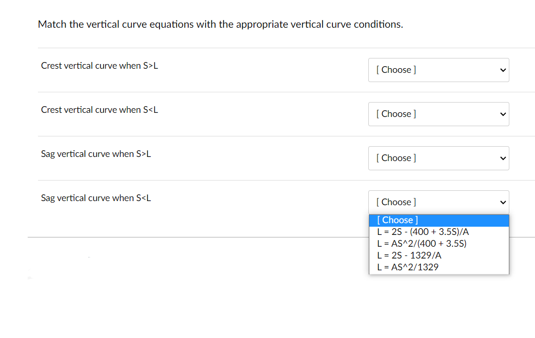 Solved Match the vertical curve equations with the | Chegg.com