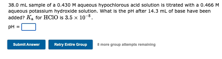 Solved 38.0 mL sample of a 0.430M aqueous hypochlorous acid | Chegg.com