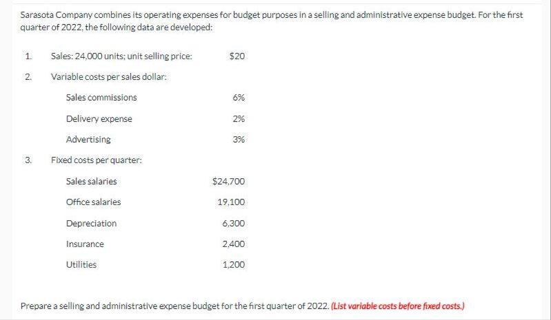 Solved Sarasota Company combines its operating expenses for | Chegg.com
