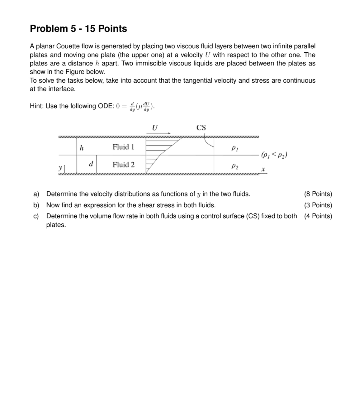 Solved Problem 5 - 15 Points A planar Couette flow is | Chegg.com