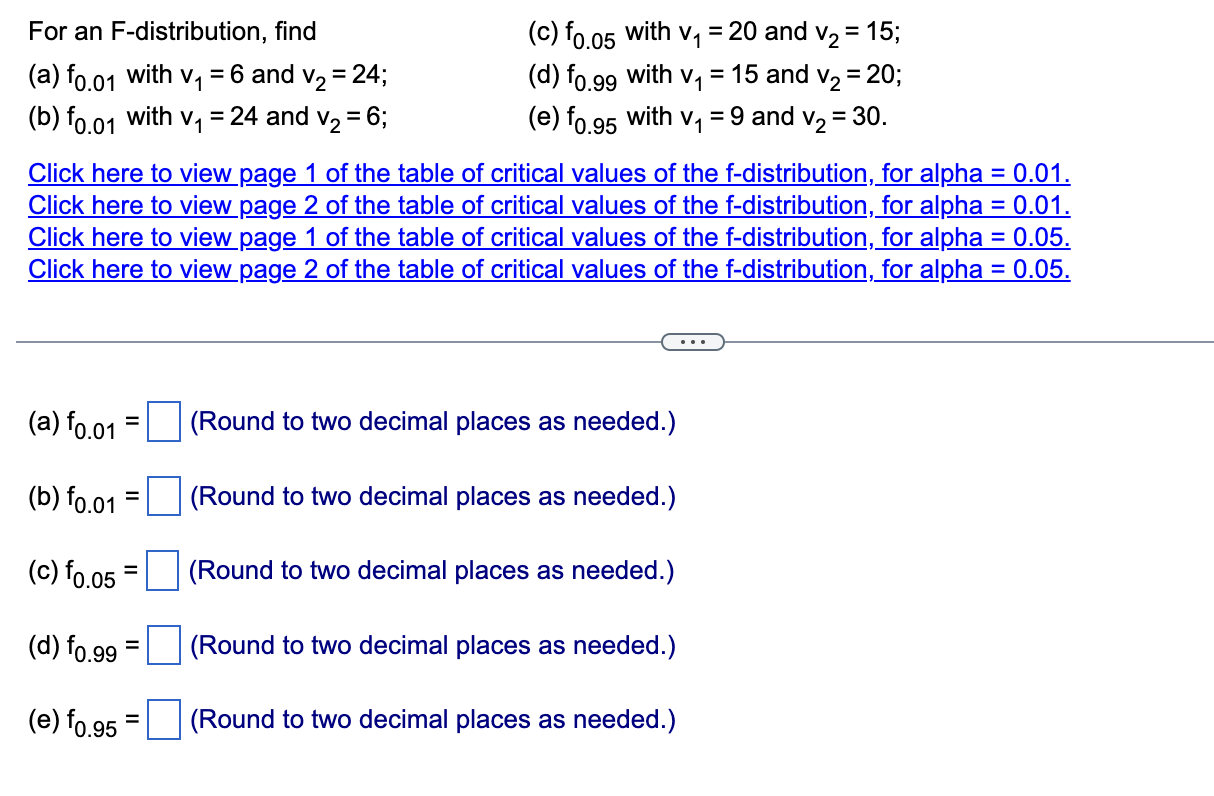 Solved For an F-distribution, find (c) f0.05 with v1=20 and | Chegg.com
