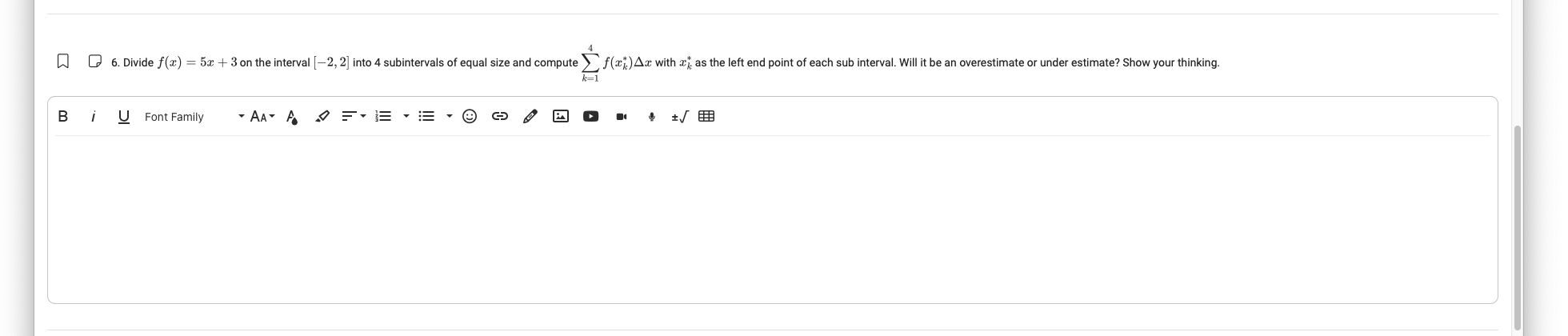 Solved , 6. ﻿Divide f(x)=5x+3 ﻿on the interval -2,2 ﻿into | Chegg.com