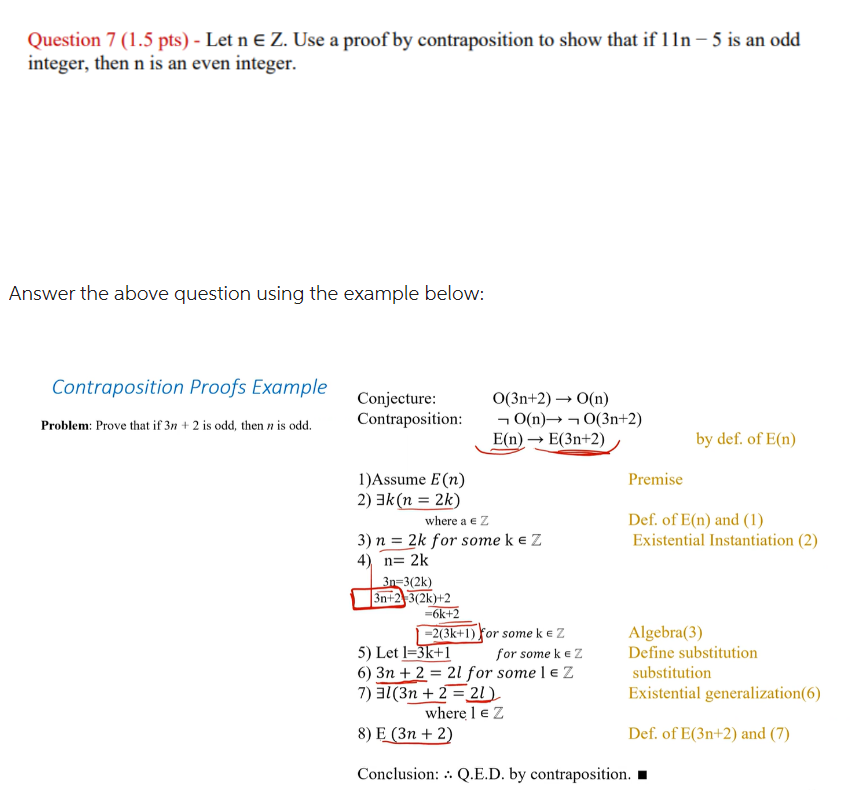Solved Question 7 (1.5 pts) - Let n∈Z. Use a proof by | Chegg.com
