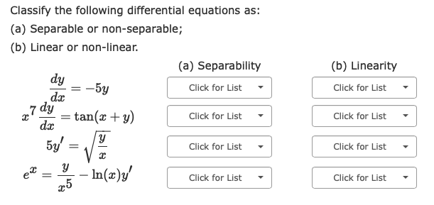 Solved Classify the following differential equations as: (a) | Chegg.com