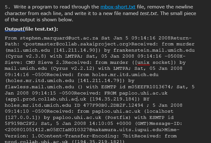 Solved 5. Write a program to read through the mbox-short.txt | Chegg.com