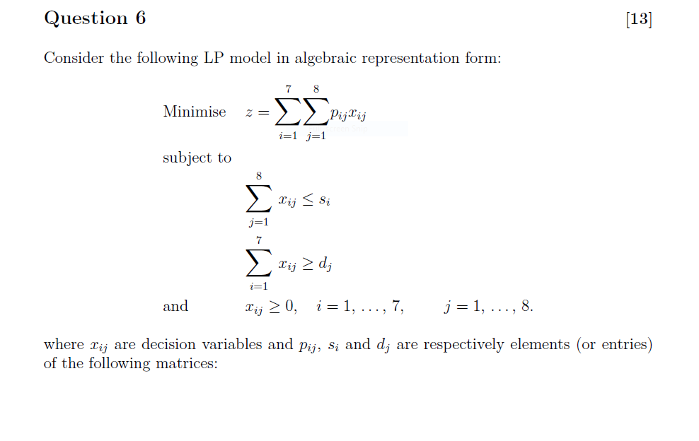 Consider the following LP model in algebraic | Chegg.com
