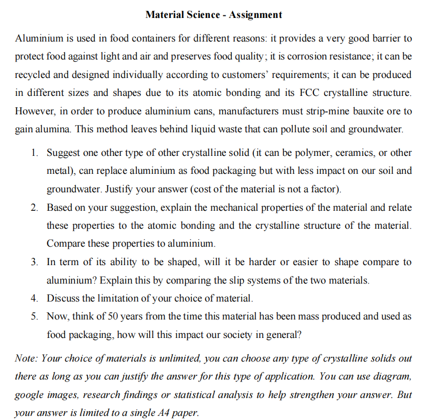 Solved Material Science - Assignment Aluminium is used in | Chegg.com