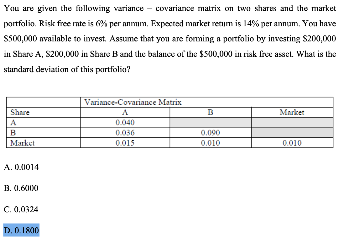 Solved You are given the following variance covariance | Chegg.com