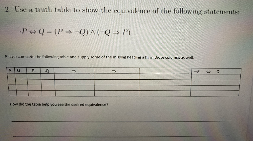 Solved 2. Use a truth table to show the equivalence of the | Chegg.com