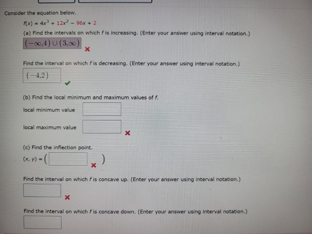 Solved Consider the equation below. f(x)=4x3+12x2−96x+2 (a) | Chegg.com