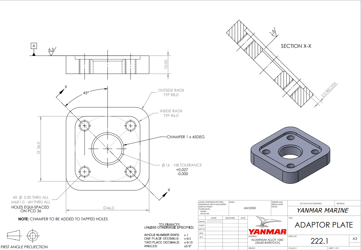 4xO5.00 ﻿THRU ALL M6X1.0 - 6H THRU AL HOLES | Chegg.com
