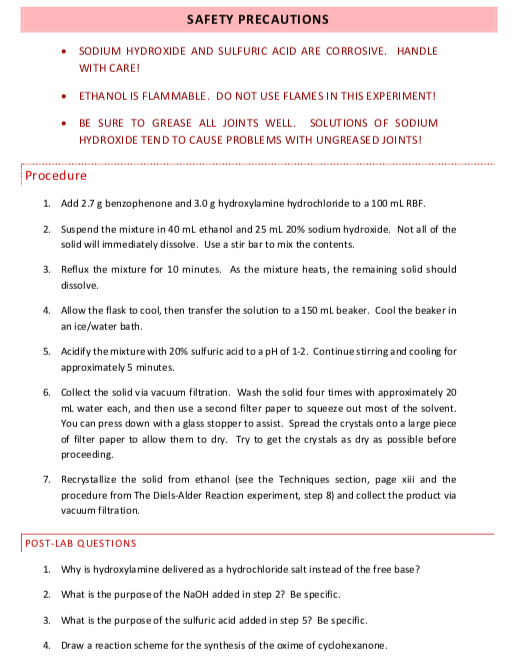 Solved SYNTHESIS OF BENZOPHENONE OXIME* H2N-OH + H20 | Chegg.com