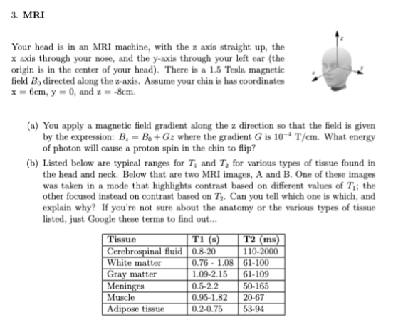 Solved Your head is in an MRI machine, with the z axis | Chegg.com