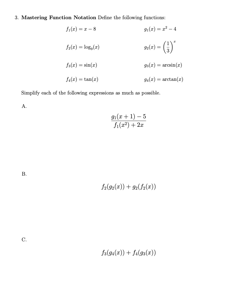 Solved 3. Mastering Function Notation Define the following | Chegg.com