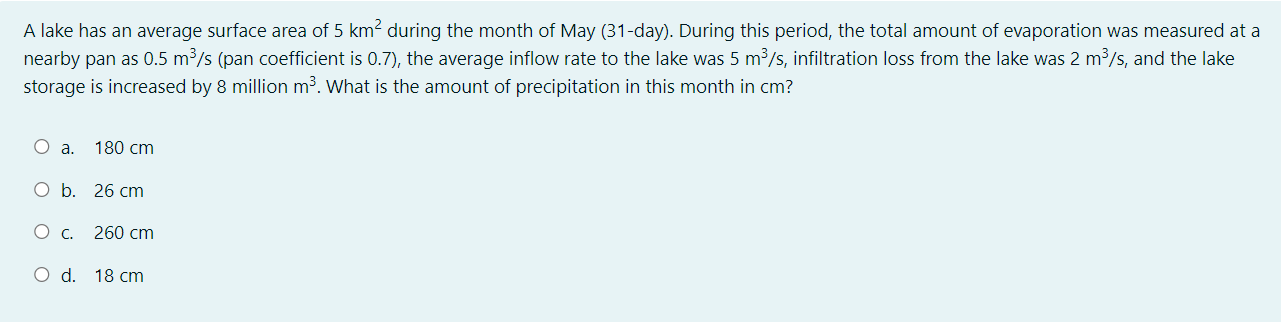 Solved A lake has an average surface area of 5 km2 during | Chegg.com