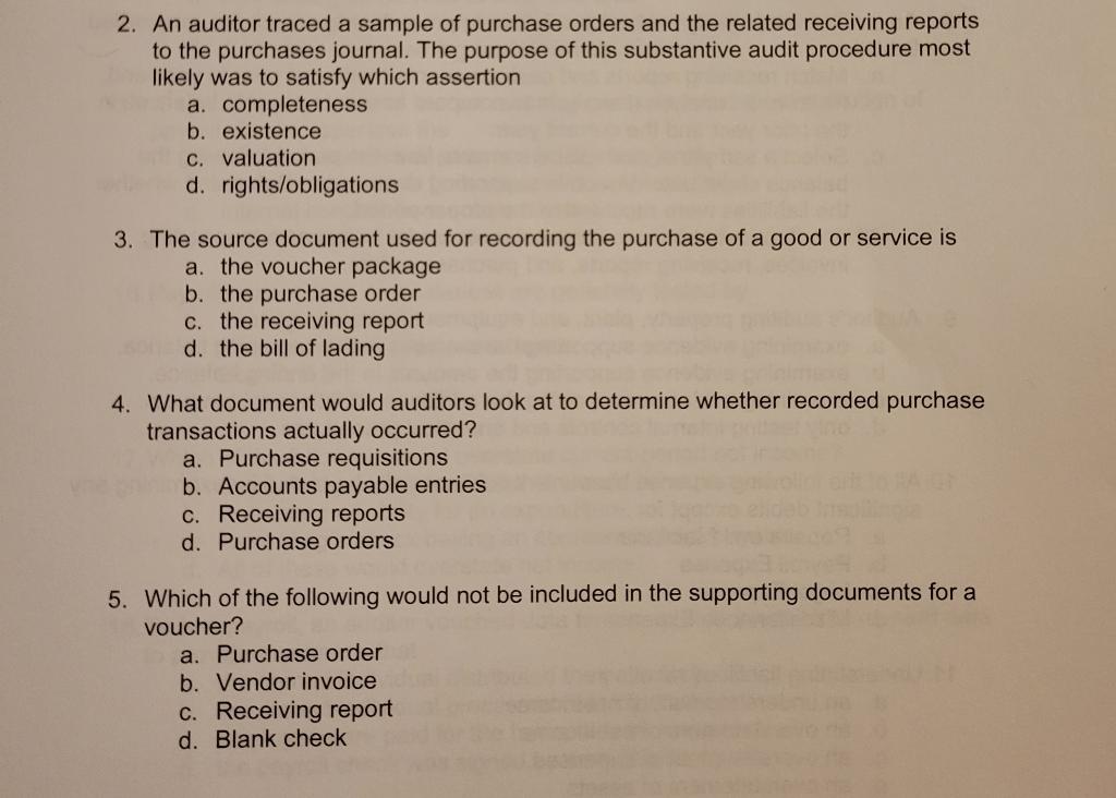 Solved 2. An auditor traced a sample of purchase orders and | Chegg.com