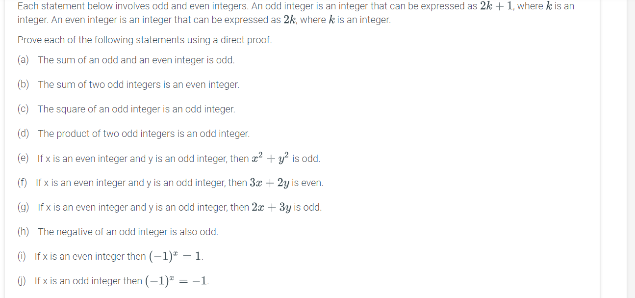Solved Each statement below involves odd and even integers. | Chegg.com