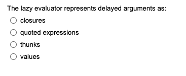 Solved The lazy evaluator represents delayed arguments | Chegg.com