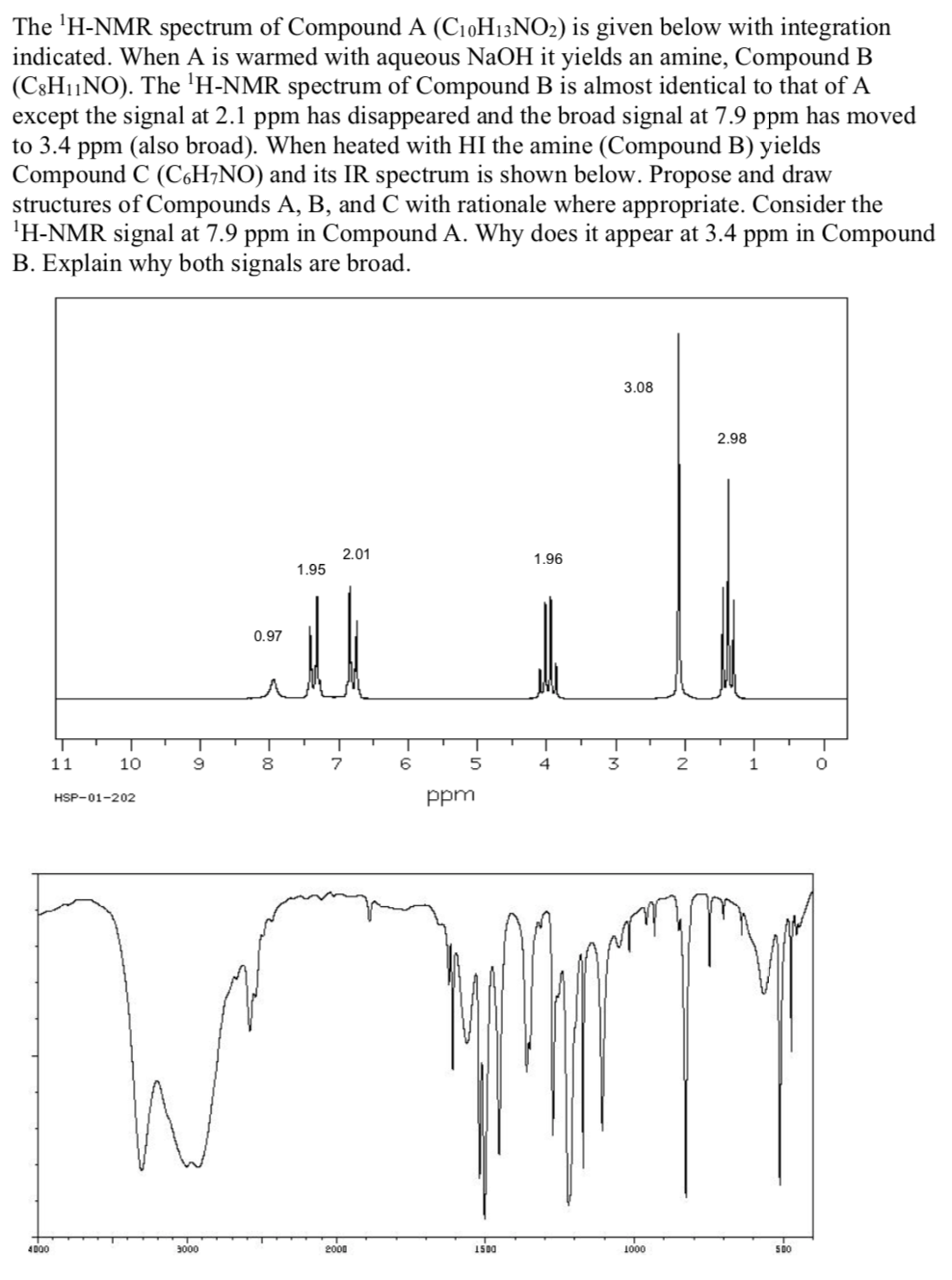 Solved The 'H-NMR spectrum of Compound A (C10H13NO2) is | Chegg.com