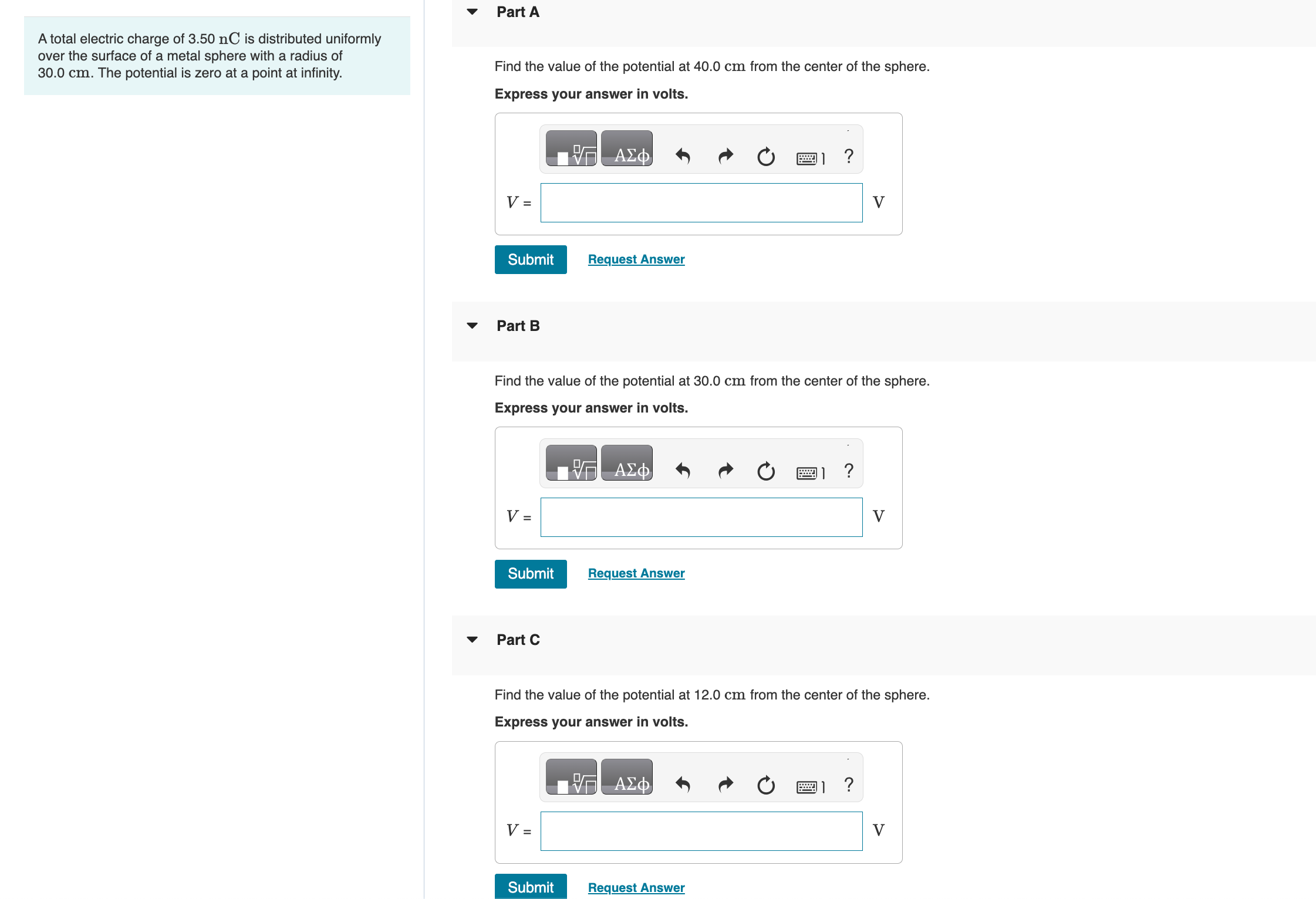 Solved A total electric charge of 3.50nC is distributed | Chegg.com