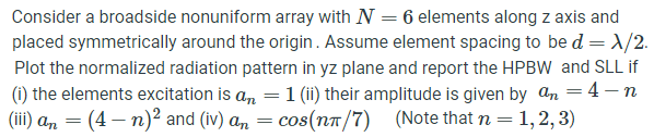 Solved Consider a broadside nonuniform array with N=6 | Chegg.com