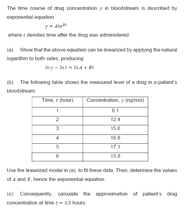 Solved The time course of drug concentration y in | Chegg.com