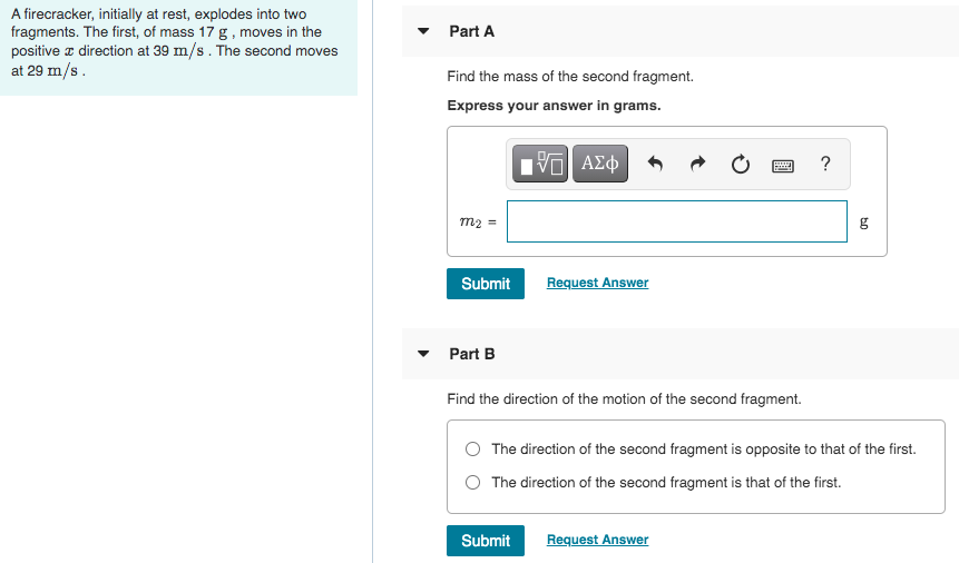Solved Part A A firecracker, initially at rest, explodes | Chegg.com