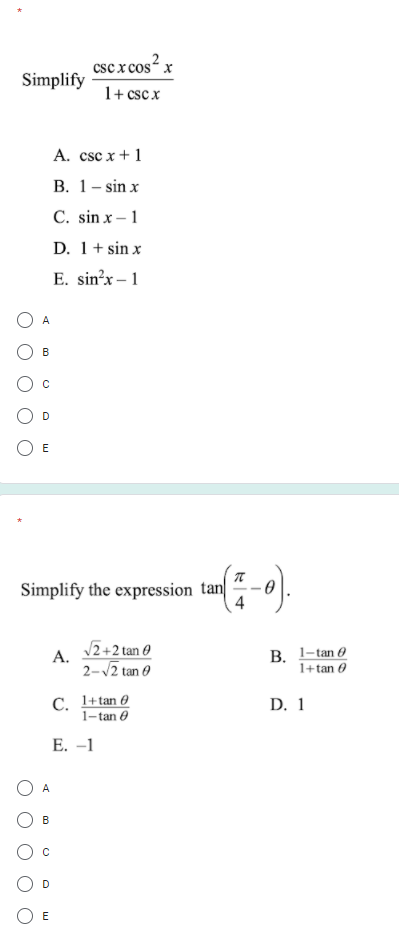 Solved cscxcosx Simplify 1 + cscx A. csc x + 1 B. 1 - sinx | Chegg.com