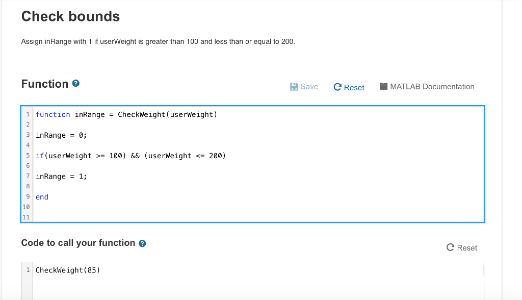 Solved Check bounds Assign in Range with 1 if userWeight is | Chegg.com
