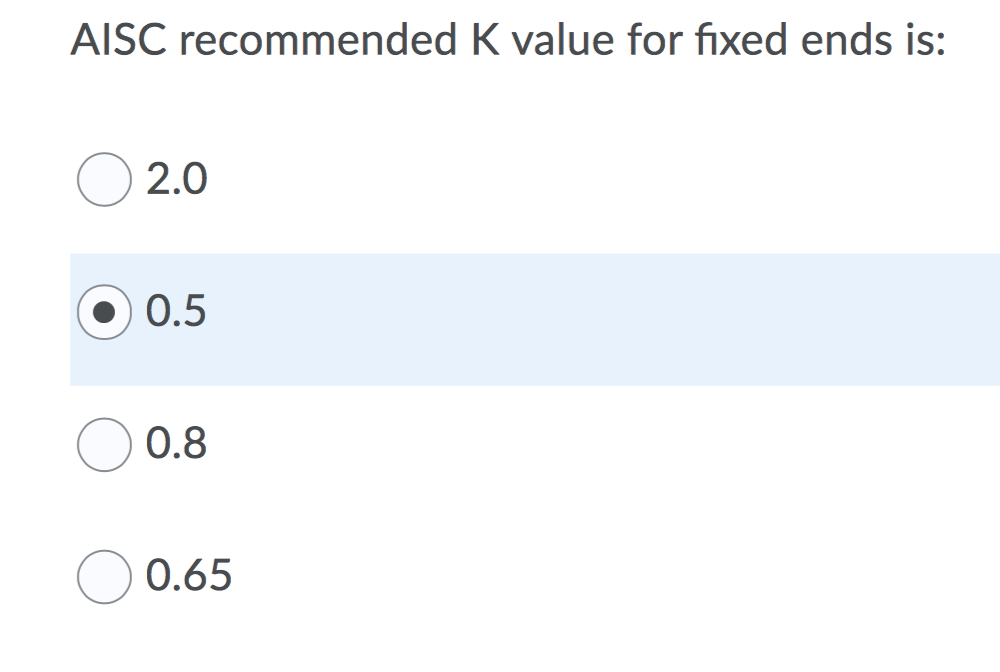 Solved AISC recommended K value for fixed ends is: O 2.0 O | Chegg.com