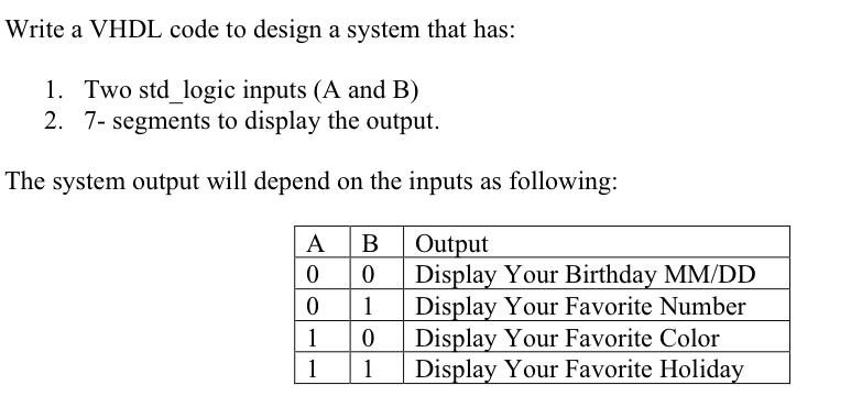 Solved Write a VHDL code to design a system that has: 1. Two | Chegg.com