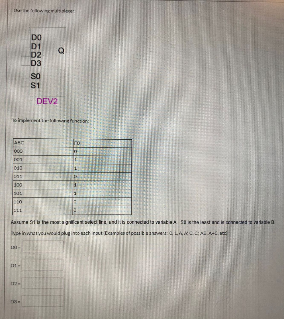 Solved Use the following multiplexer: DEV2 To implement the | Chegg.com