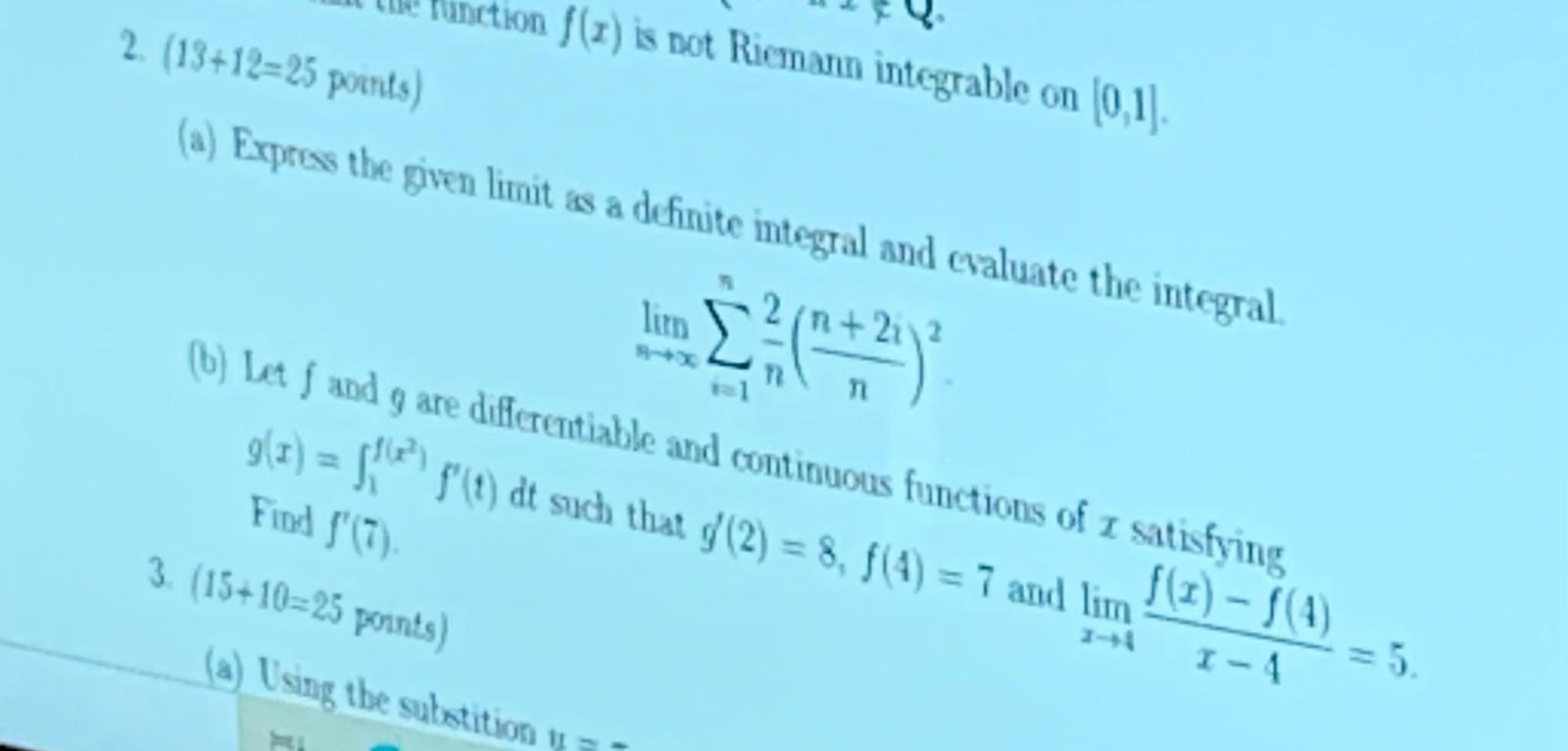 Solved action f(t) is not Riemann integrable on (0,1). 2. | Chegg.com