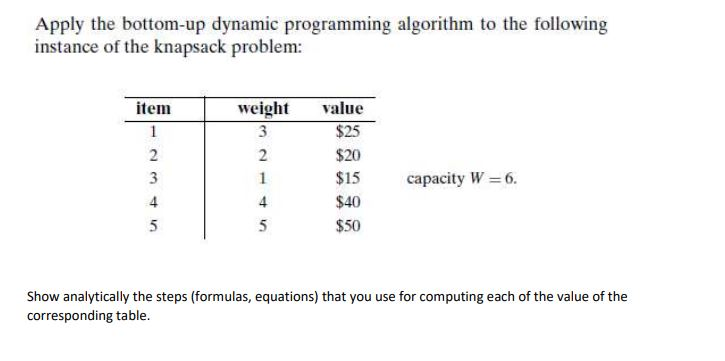 Solved Apply The Bottom Up Dynamic Programming Algorithm To