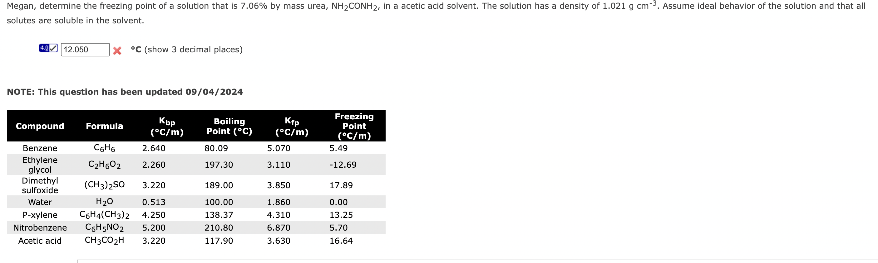 Solved Megan, determine the freezing point of a solution | Chegg.com