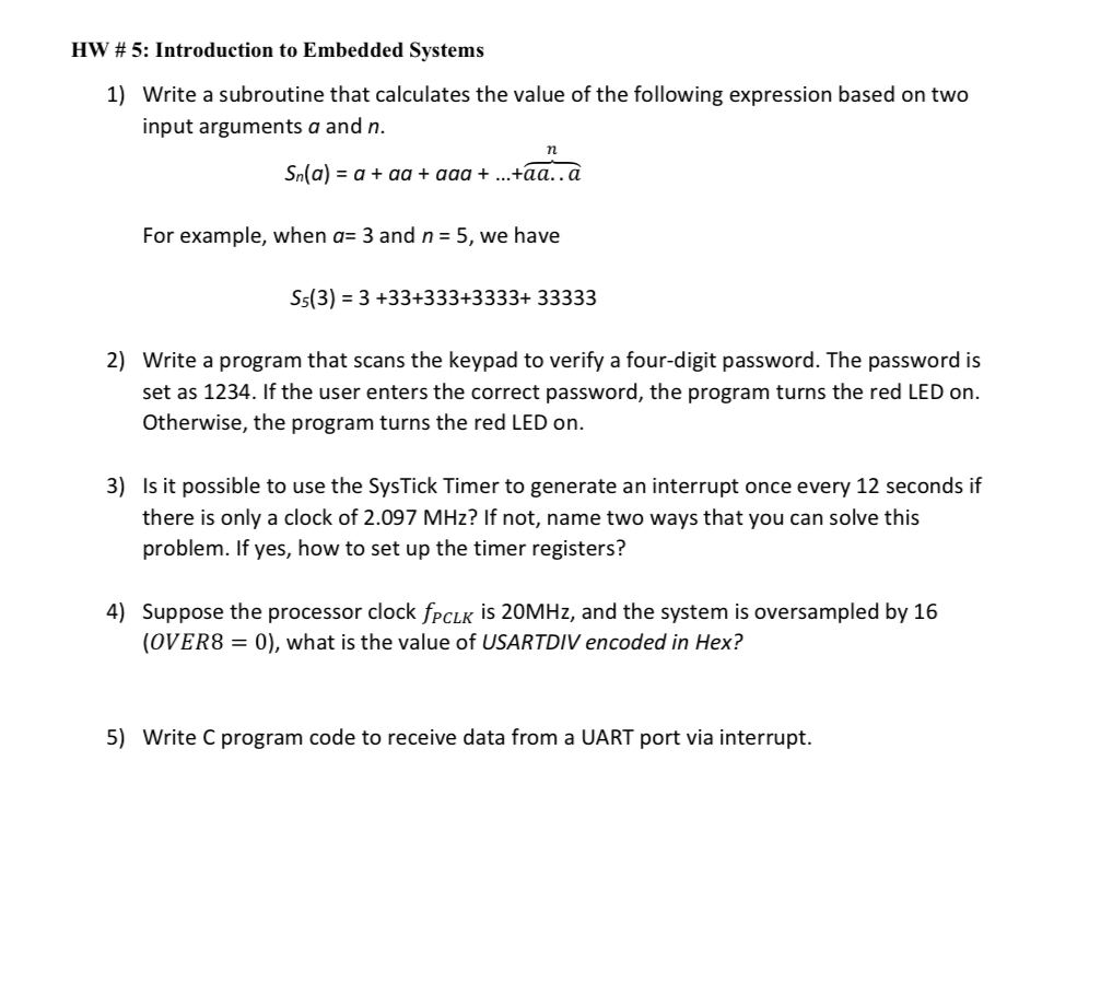 HW # 5: Introduction to Embedded SystemsWrite a | Chegg.com